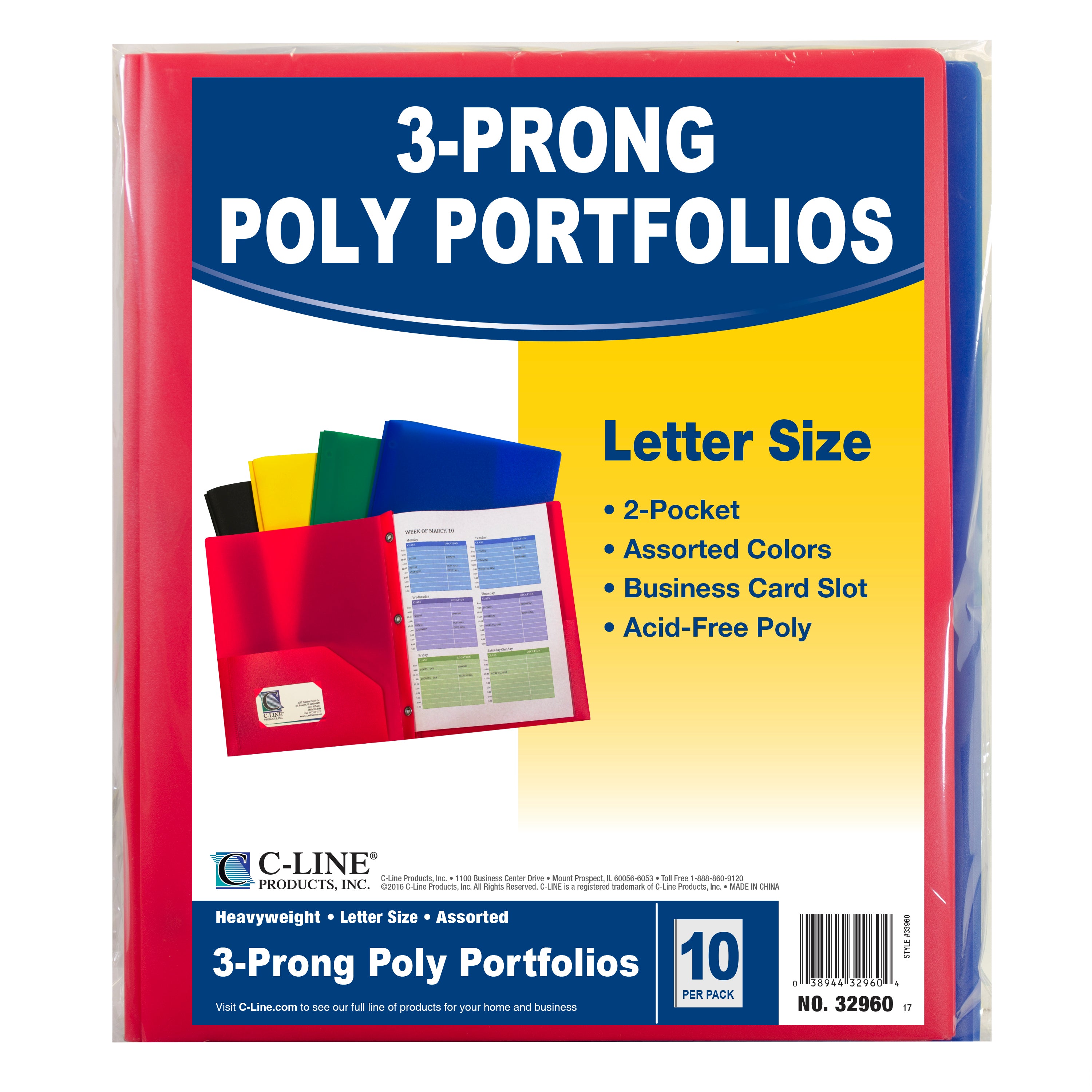Two-Pocket Heavyweight Poly Portfolio Folder with Prongs, Assorted Pri ...