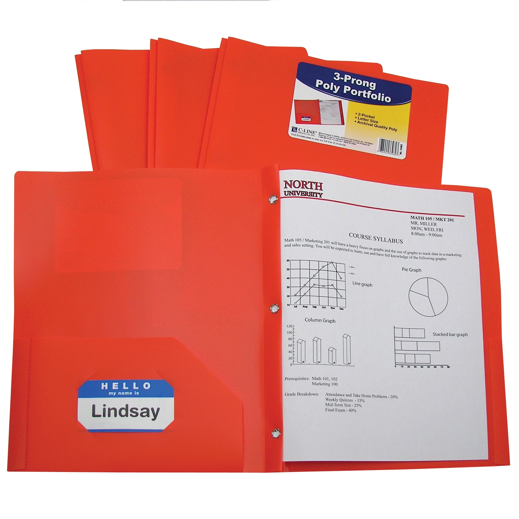Two-Pocket Heavyweight Poly Portfolio Folder with Prongs, Orange (Set ...