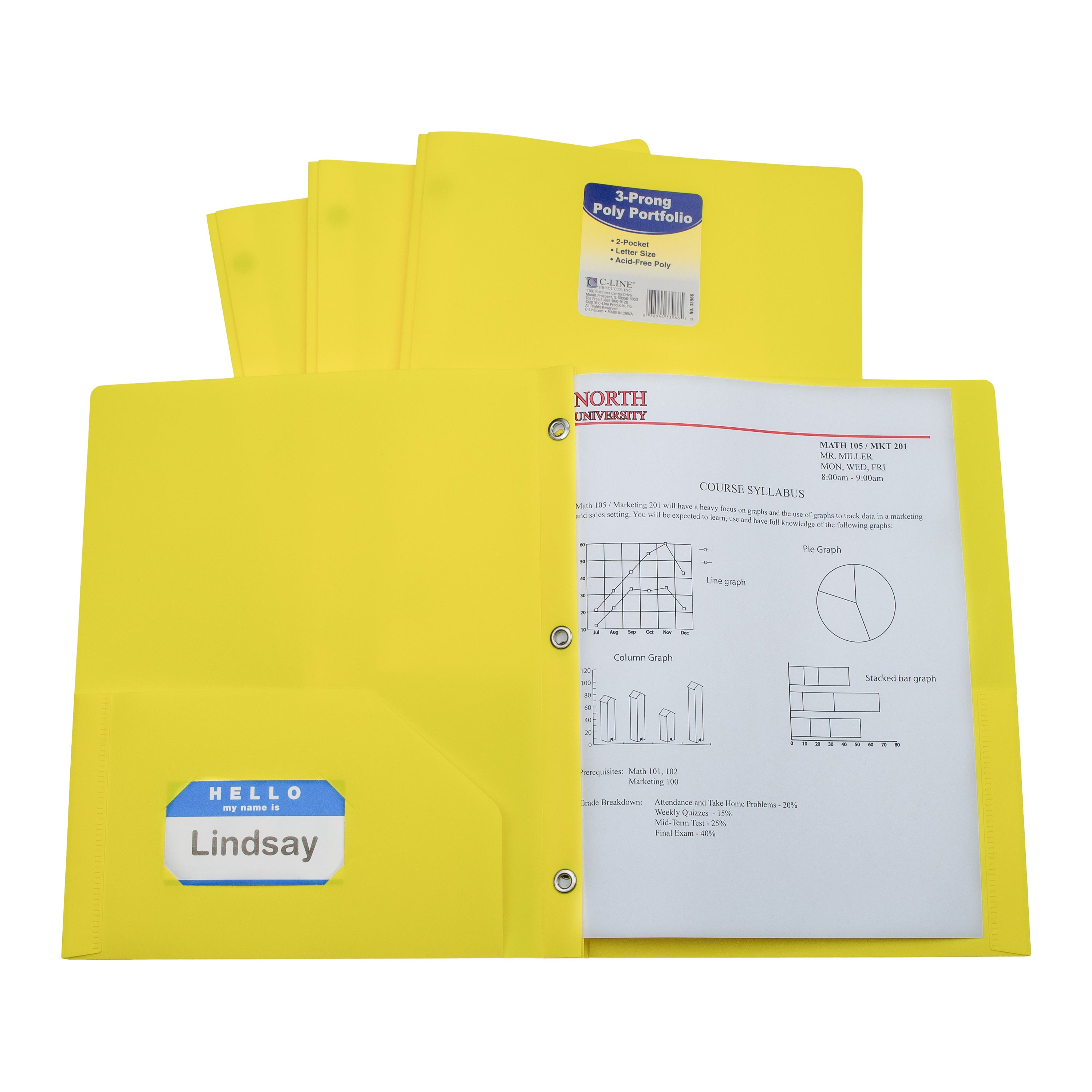 Two-Pocket Heavyweight Poly Portfolio Folder with Prongs, Yellow (Set ...